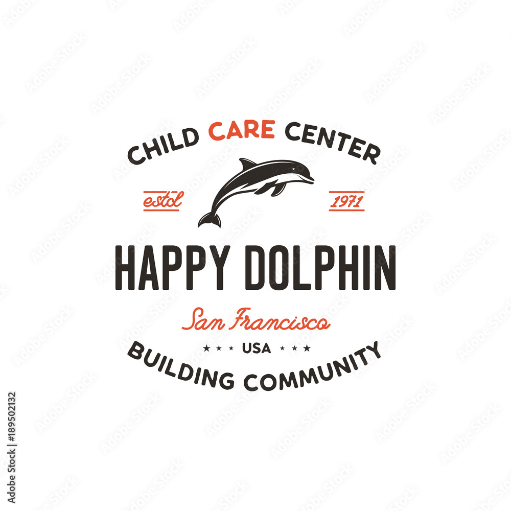 Child care center emblem. Dolphin symbol, icon and typography design ...