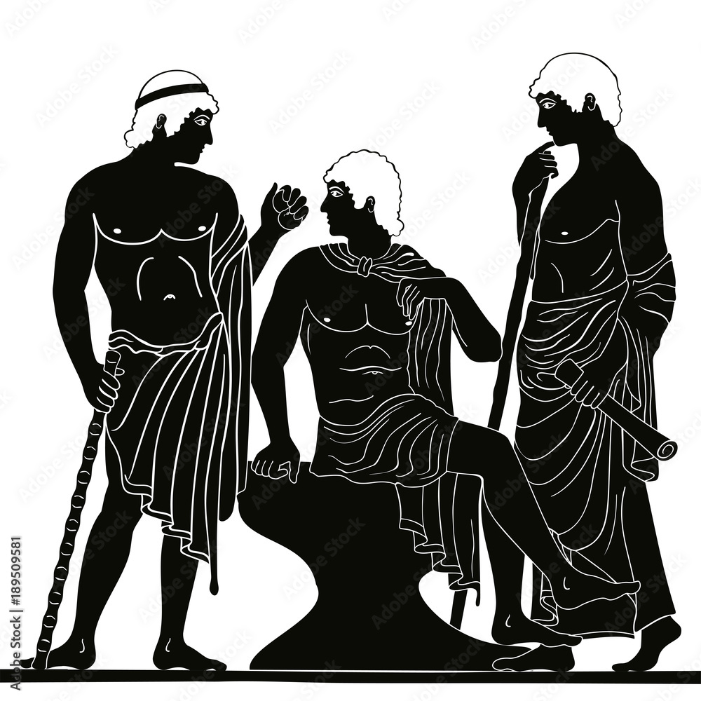 Mythological story. Three ancient Greek mans stands with a staff and a ...
