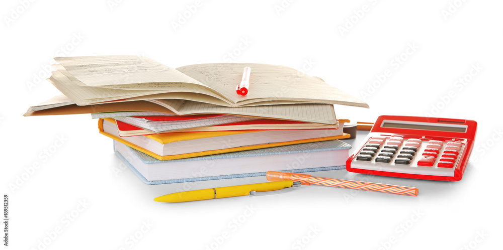 Stack of books and stationery on white background. Doing homework Stock ...