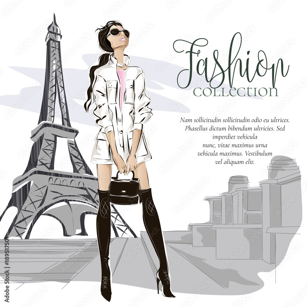 Fashion woman near Eiffel tower in Paris, fashion banner with text ...