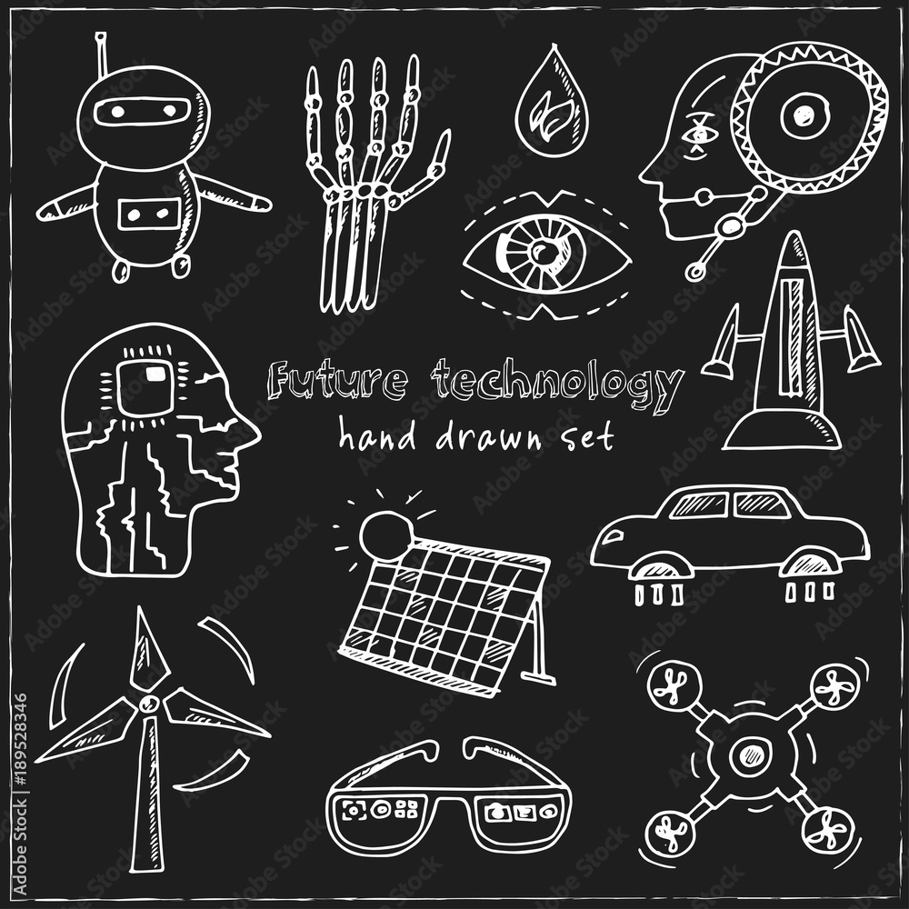 Future technology. Hand drawn doodle set. Sketches. Vector illustration ...