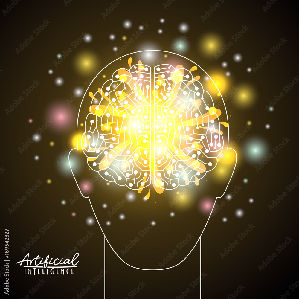 artificial intelligence poster with human head silhouette with brain in ...
