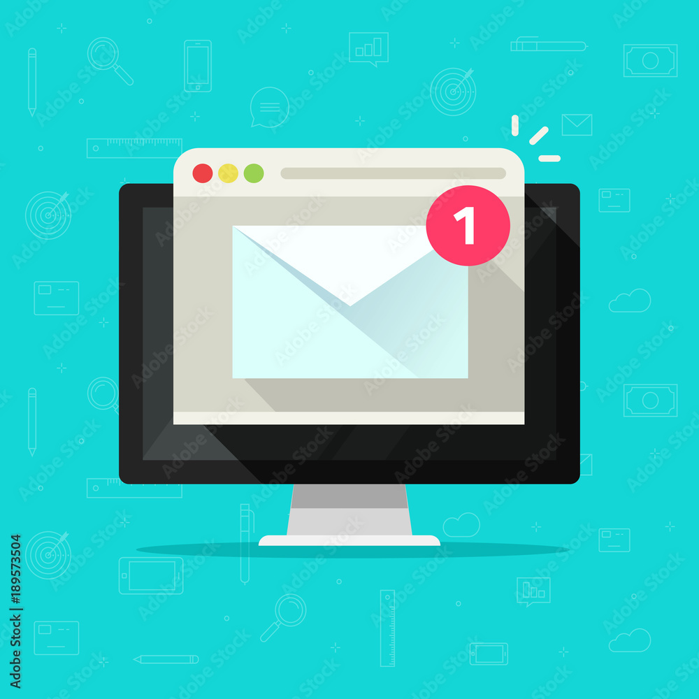 New email or mail notice on computer vector, flat cartoon of desktop pc ...