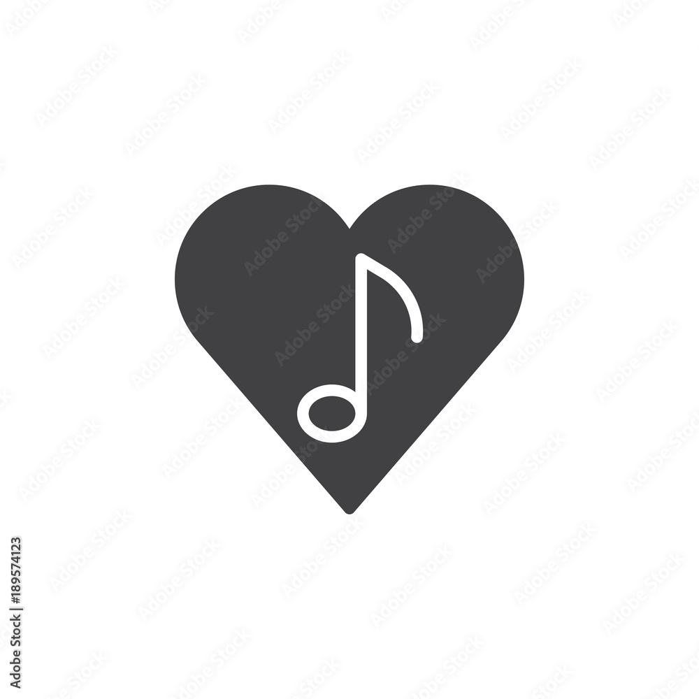 Musical note in heart icon vector, filled flat sign, solid pictogram ...