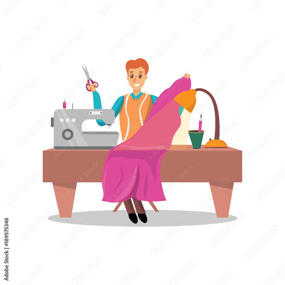 Male dressmaker sewing pink dress by sewing machine cartoon vector ...