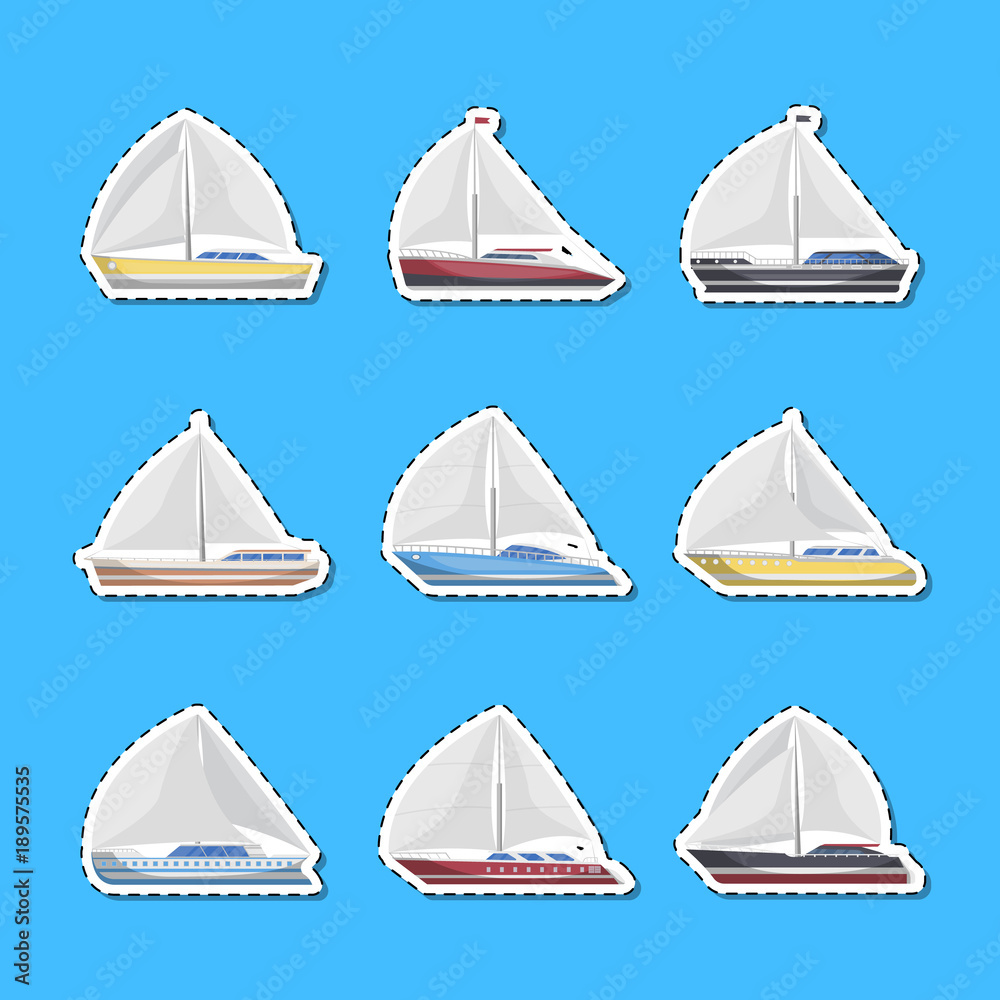 Sea sailboats side view isolated labels. Luxury and speedy sail yachts ...
