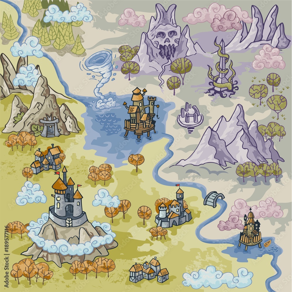 Fantasy Advernture map elements with colorful doodle hand draw in ...