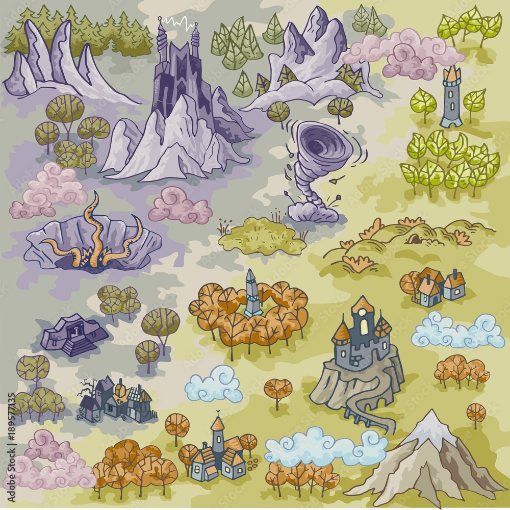 Fantasy Advernture map elements with colorful doodle hand draw in ...