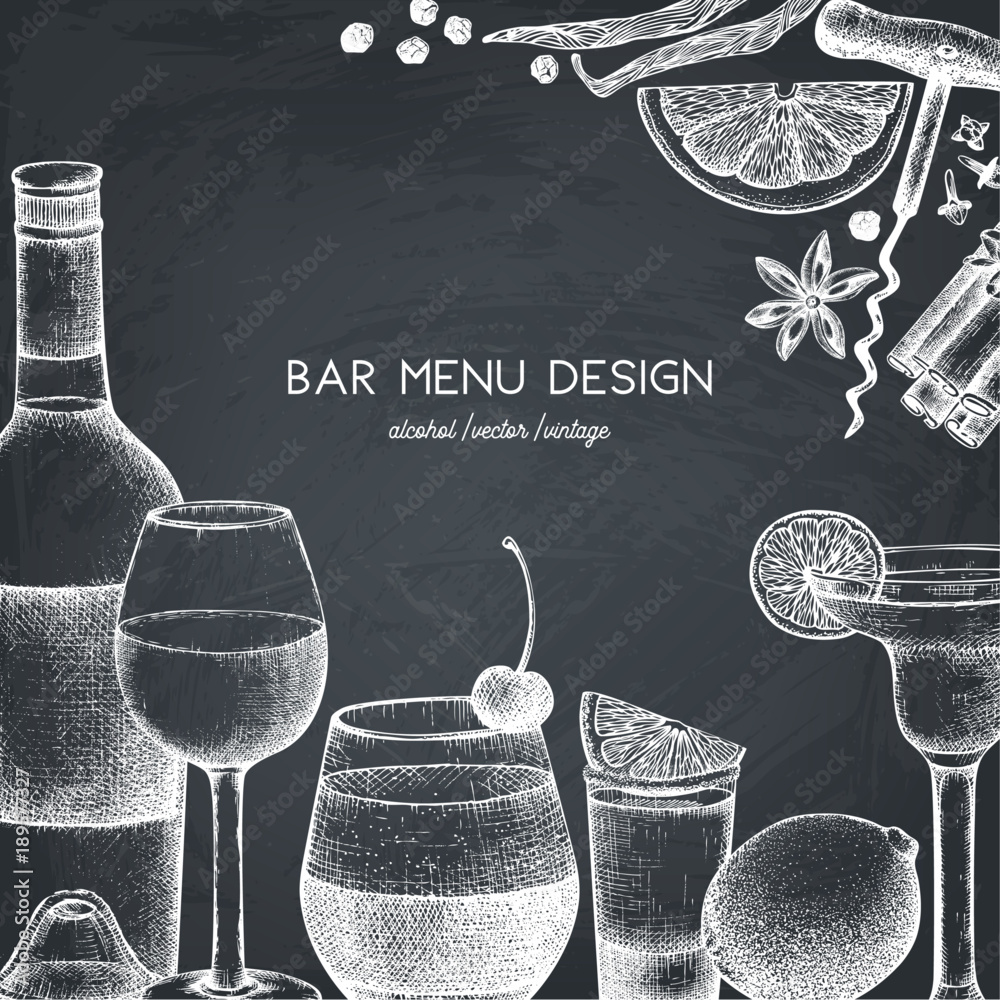 Vector design with hand drawn drinks illustration. Vintage beverages ...