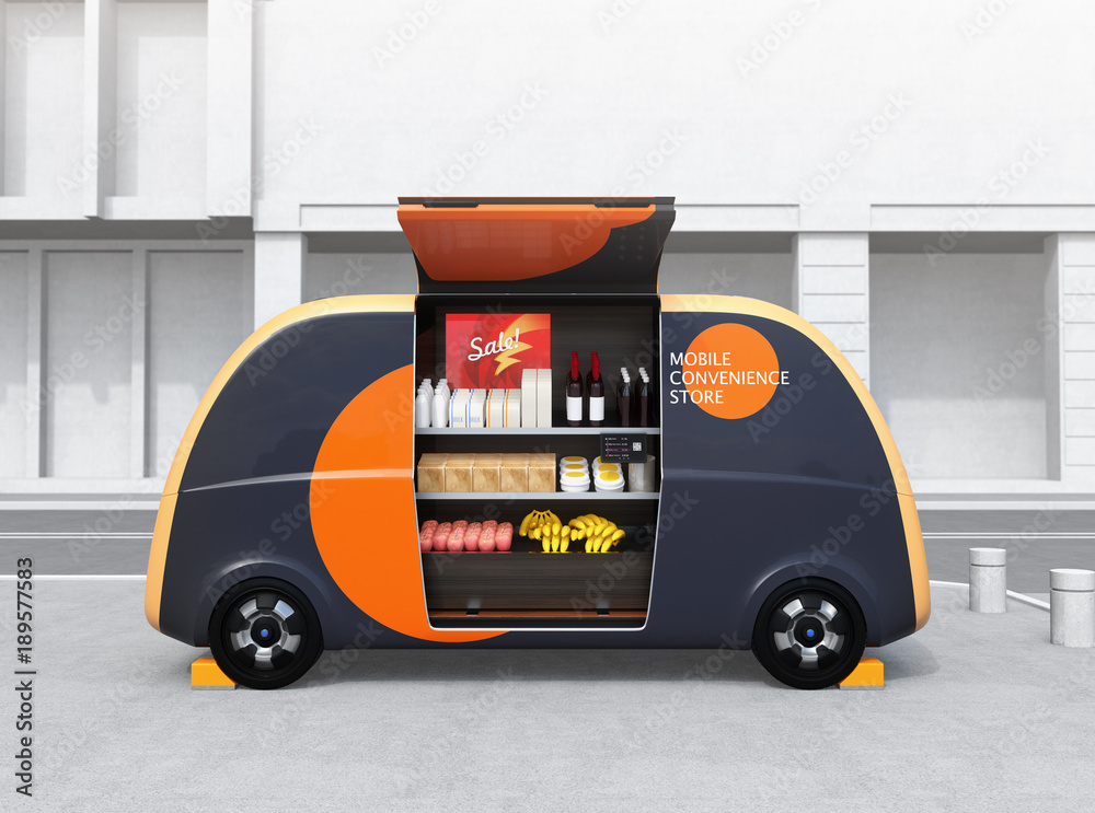 Side view of self-driving vending car parking on the street. The ...