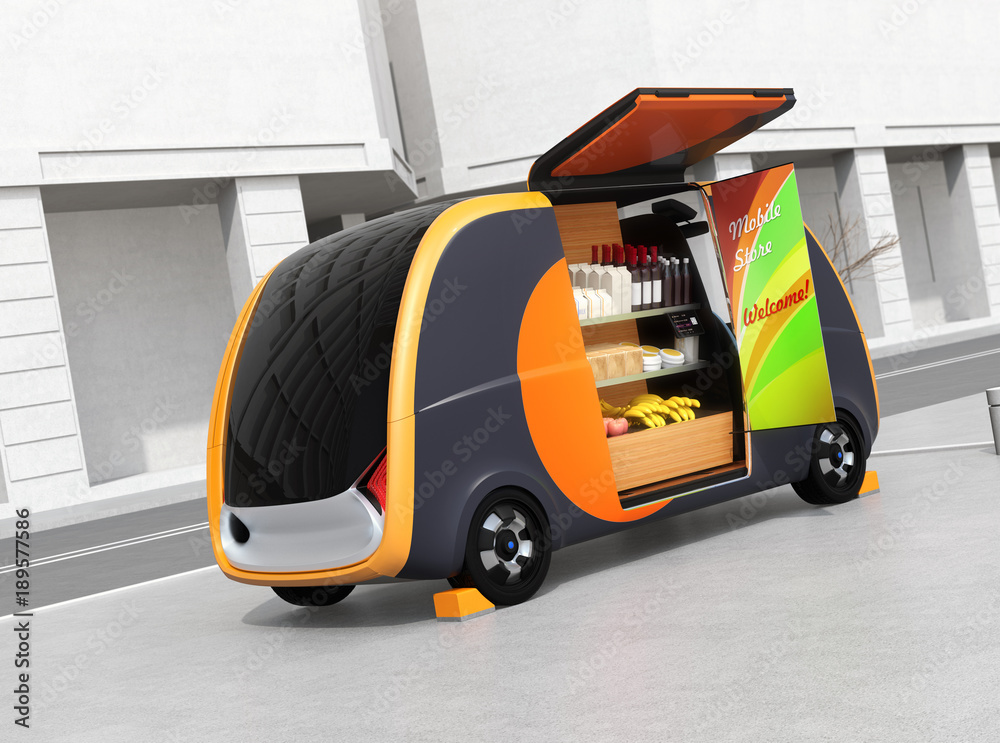 Rear view of self-driving vending car. The car is equipped with shelf ...