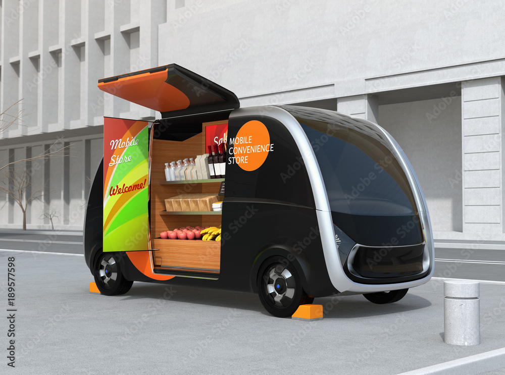 Self-driving vending car parking on the street. The vending car is ...