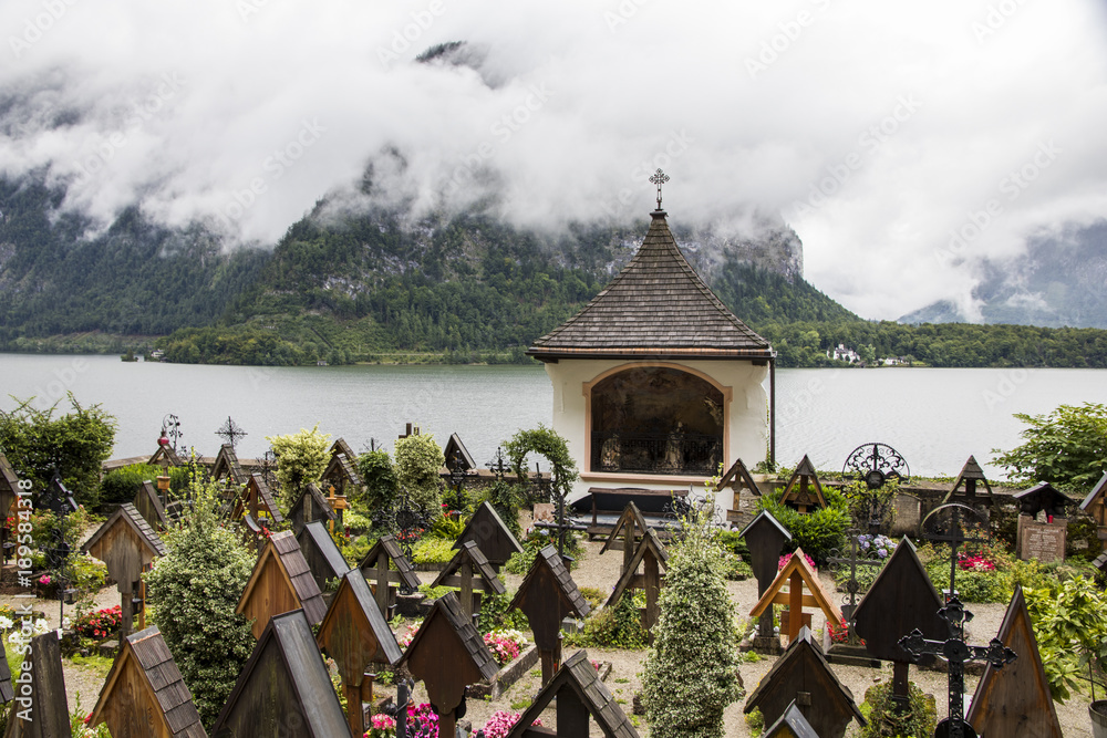 Traditional wooden graves and tombs in the catholic cemetery in ...