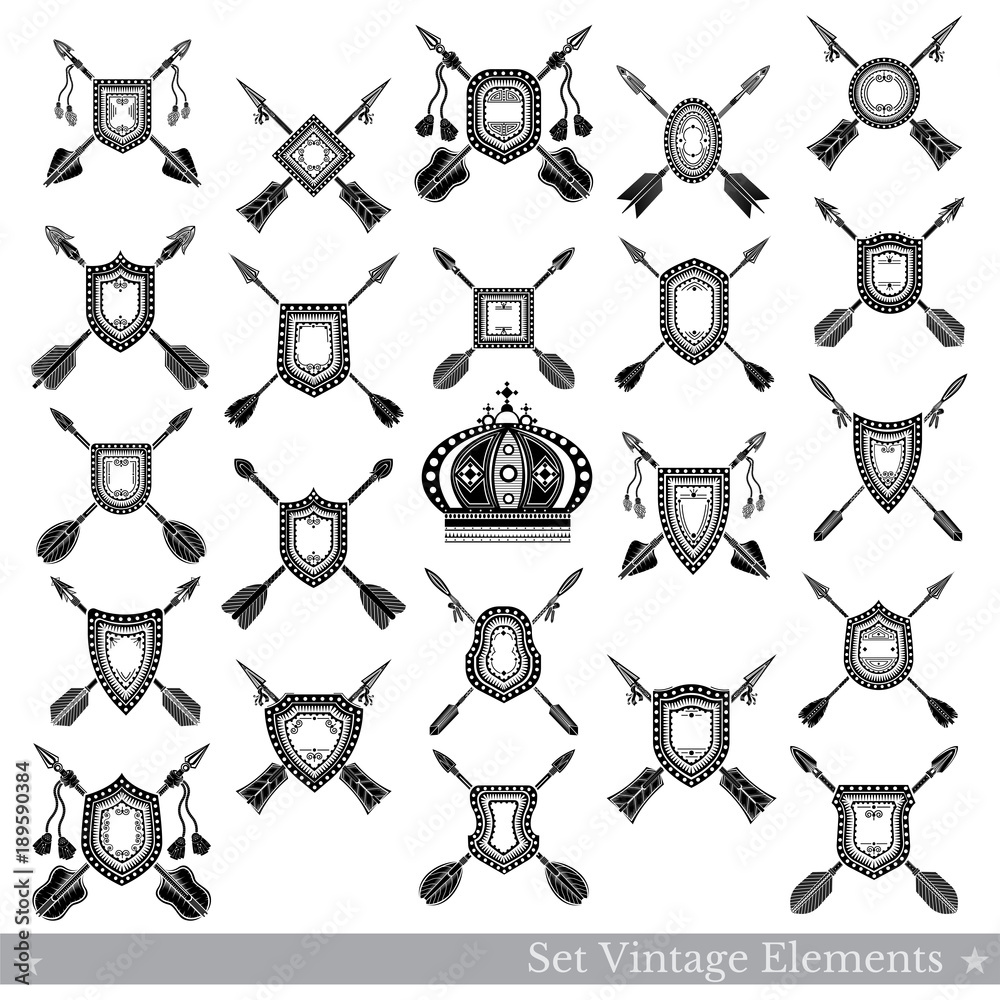 Set of different geometric shields and crossed arrows behind. Vector ...