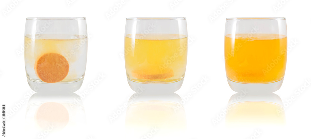 Collage of vitamin c tablet pills with orange flavor dissolving in ...