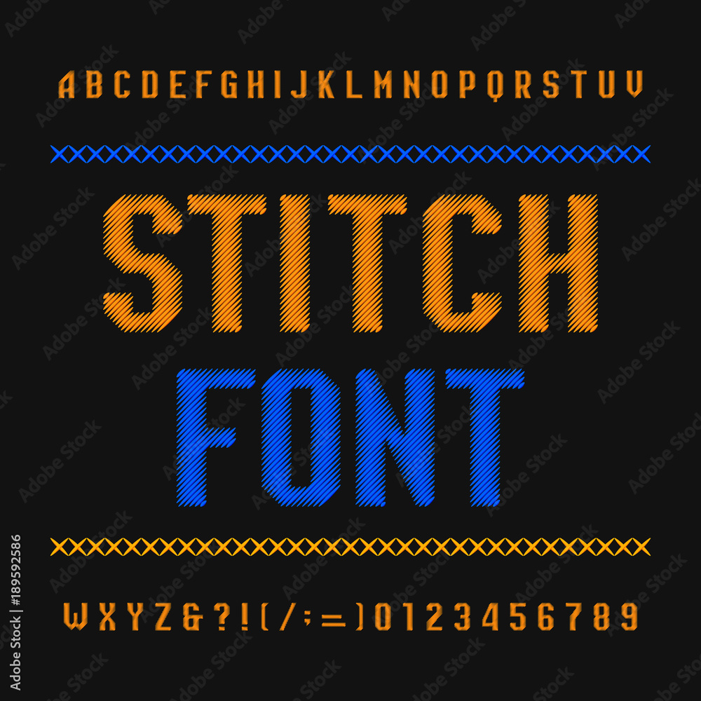 Stitch alphabet font. Embroidery vintage typeface on dark background ...