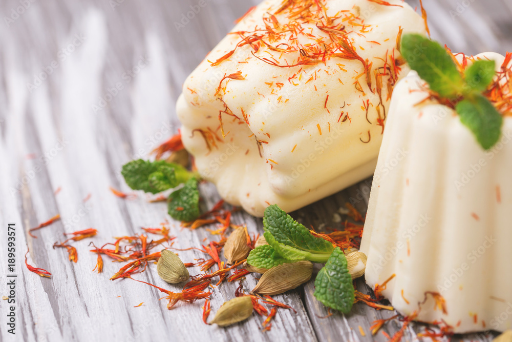 Indian kulfi dessert, ice cream with safron, mint, nuts Stock Photo ...