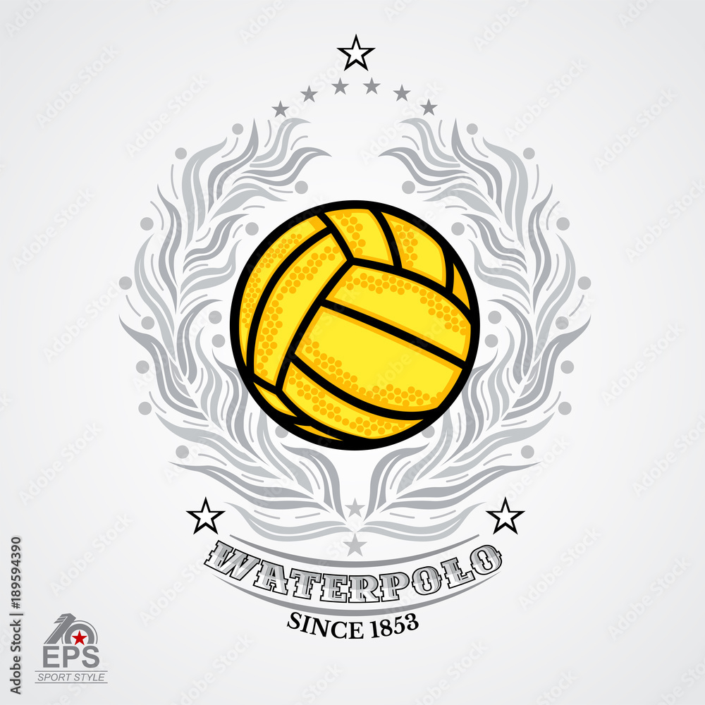 Water polo yellow ball in center of silver laurel wreath isolated on ...