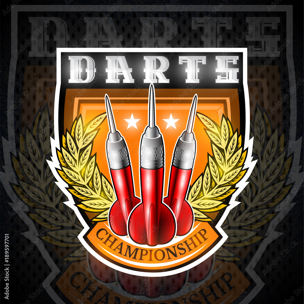 Three red darts between golden wreath in center of shield. Sport logo ...