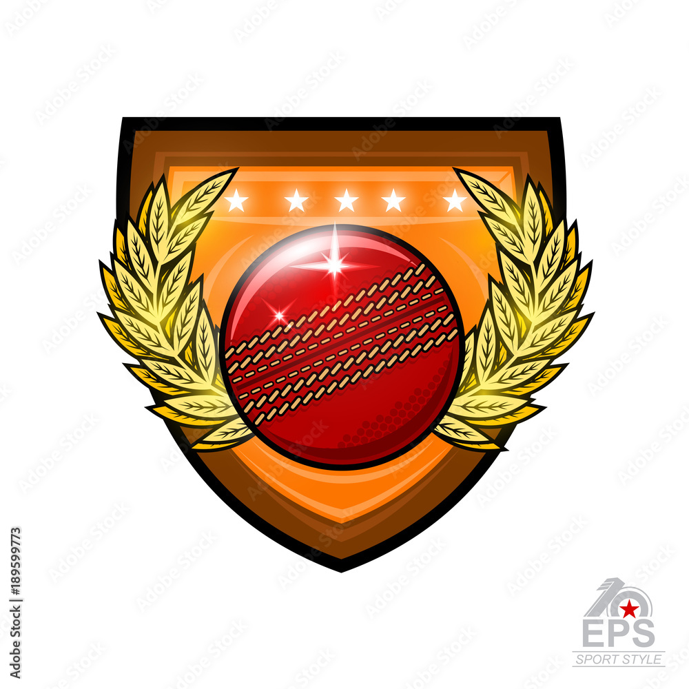 Cricket ball in center of golden wreath on the shield. Sport logo for ...