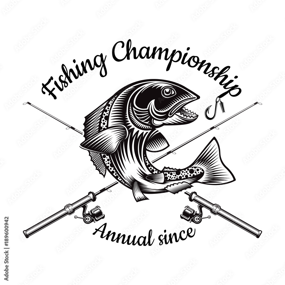 Salmon fish bend silhouette with crossed fishing rod in engrving style ...