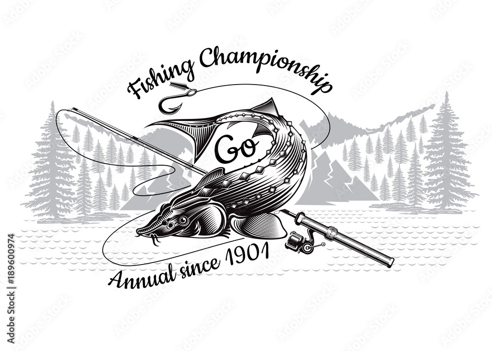 Photo & Art Print Sturgeon fish bend silhouette with crossed fishing ...