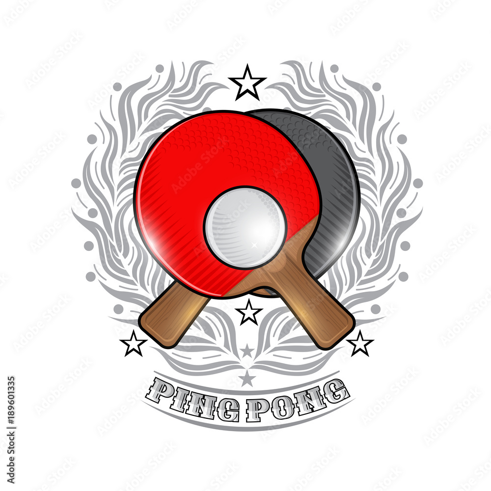 Red ping pong crossed rackets and ball in center of silver olive wreath ...