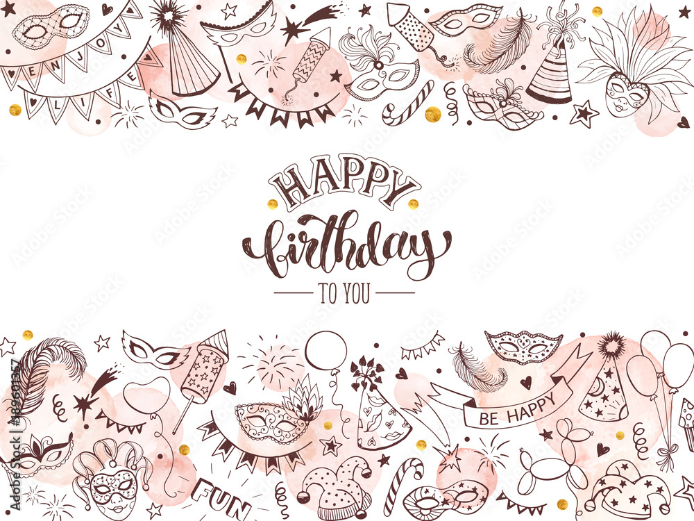 Happy birthday greeting card. Hand drawn fastive objects in horisontal ...