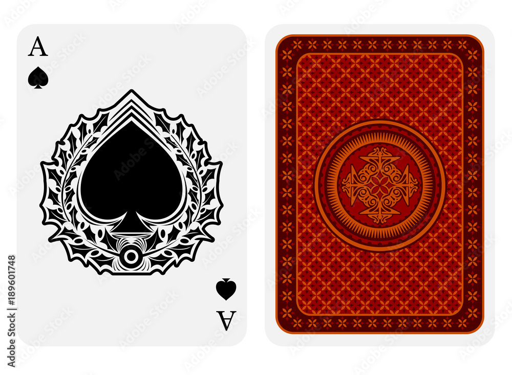 Ace of spades face with spades inside wreath and back red geometrical ...