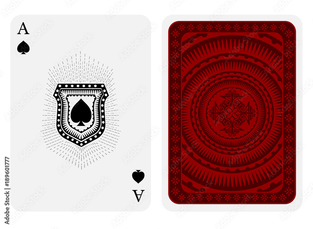 Ace of spades face with spades inside shield with rays and back side ...