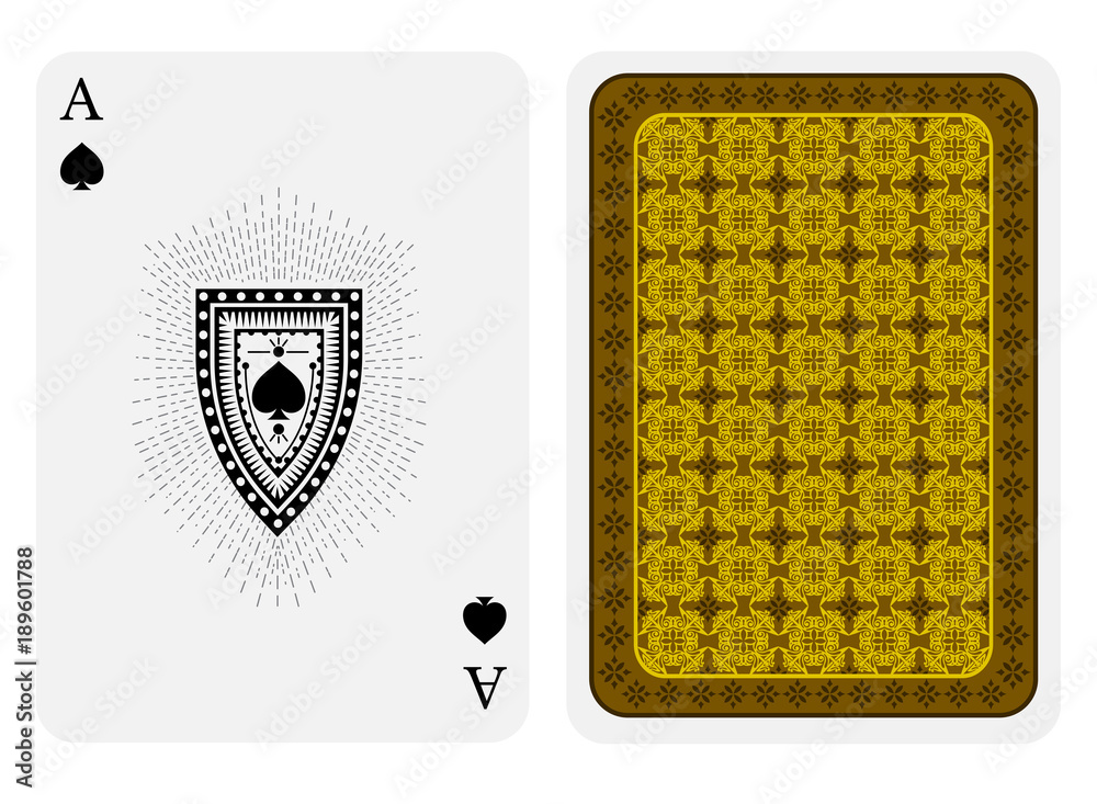 Ace of spades face with spades inside shield frame and back with gold ...