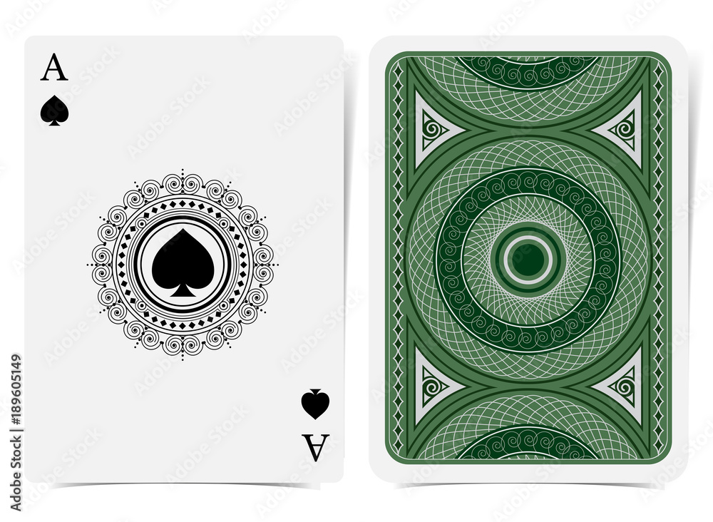 Ace of spades face with spades inside round curly frame and back with ...