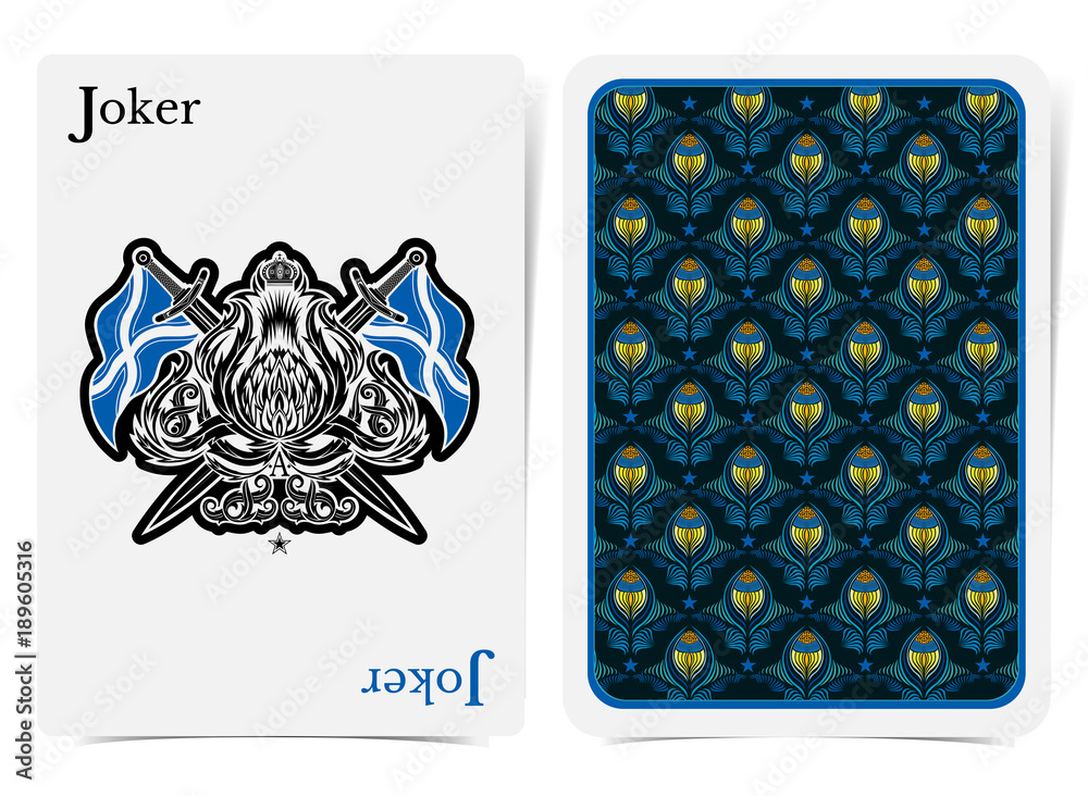 Card face of Joker with thistle plant pattern with crossed flags and ...