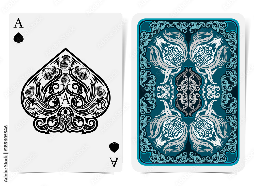 Ace of spades face with thistle plant pattern and back with blue and ...