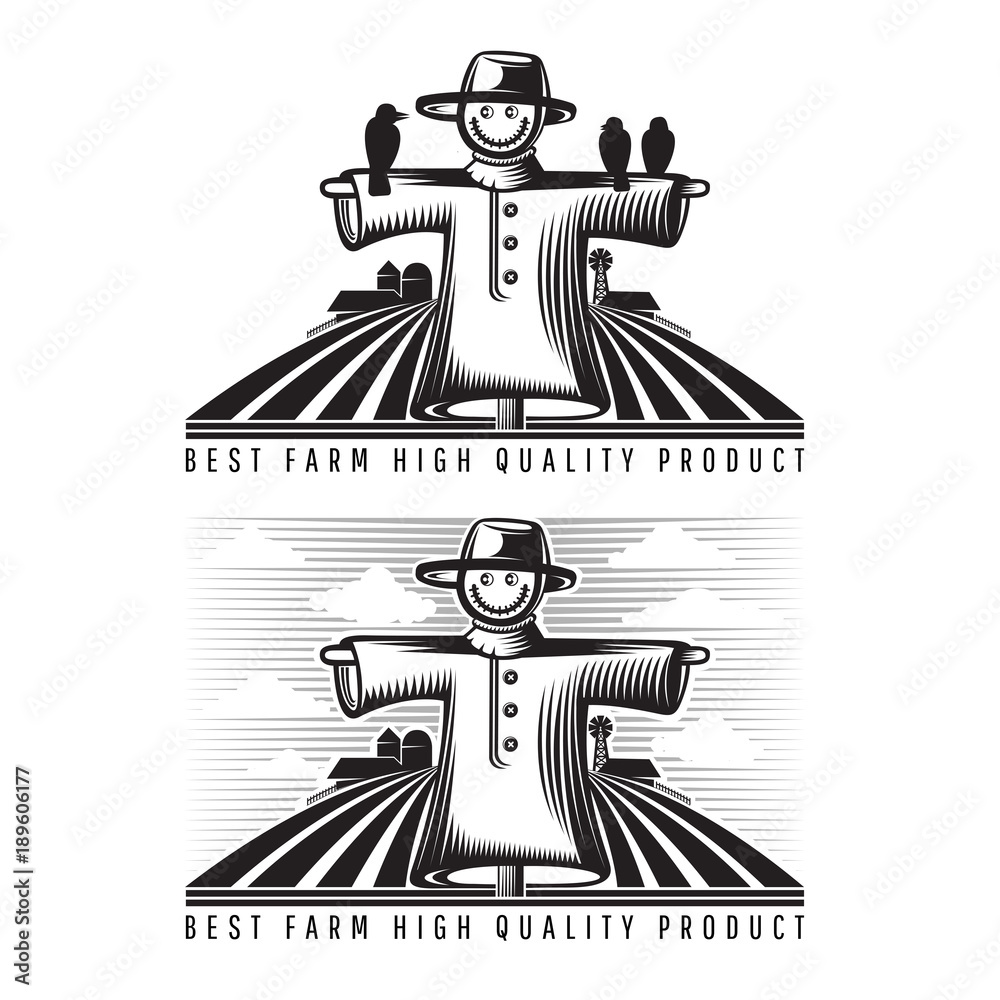 Scarecrow with farm and field, farm label in vintage style Stock Vector ...