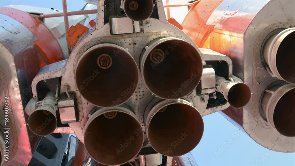 Monument of russian space rocket Vostok one, space rocket engine. Part ...