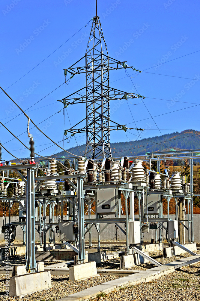 Part of high-voltage substation with switches and disconnectors. Stock ...