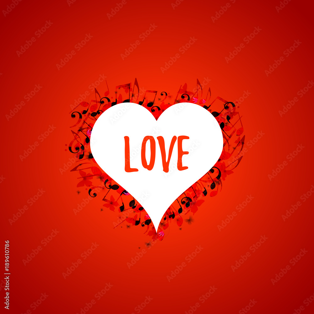 Heart shaped frame with music notes on red background. Music elements ...