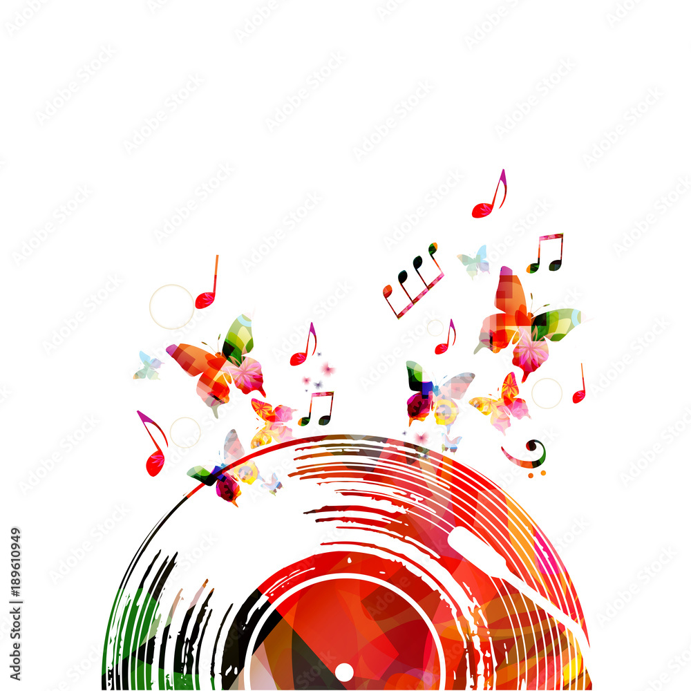 Colorful music poster with vinyl record and music notes. Music elements ...