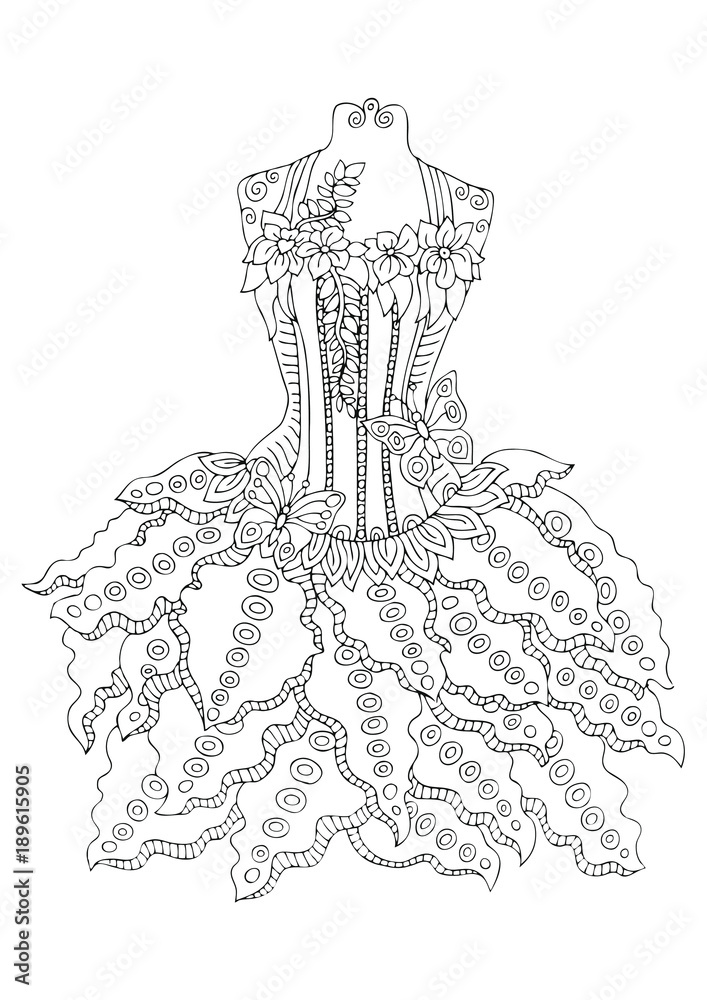 Women's lace dress. Hand drawn illustration for coloring page, poster ...