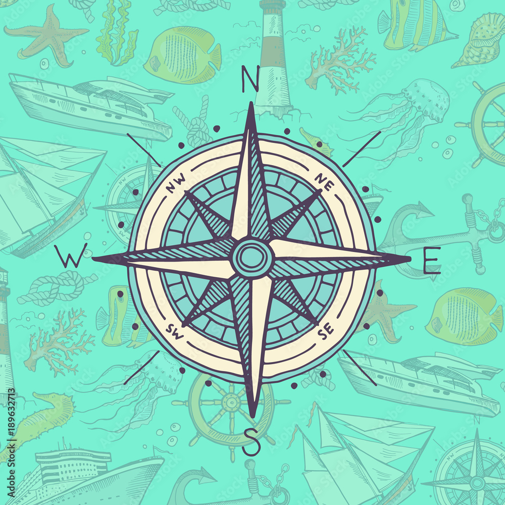 Vector colored and sketched compass Stock Vector | Adobe Stock