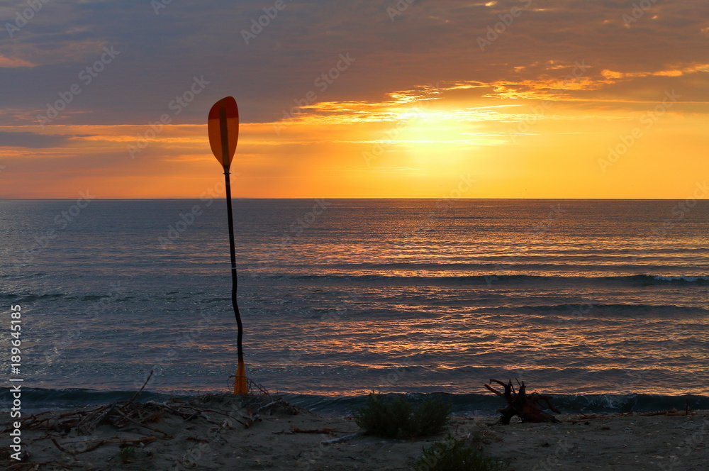 Kayaker's fiberglass orange paddle is vertically stuck in the coastal ...