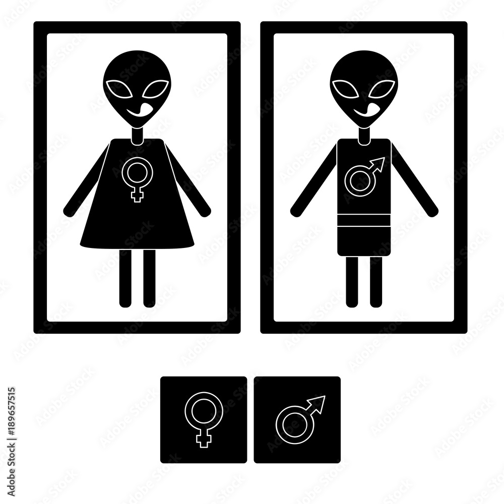 Icon for the toilet room with cute aliens and 2 icons with gender signs ...