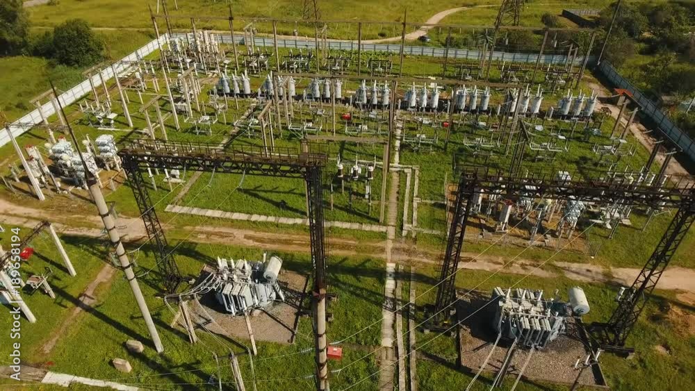 Aerial view Power plant, transformation station, cables and wires. High ...