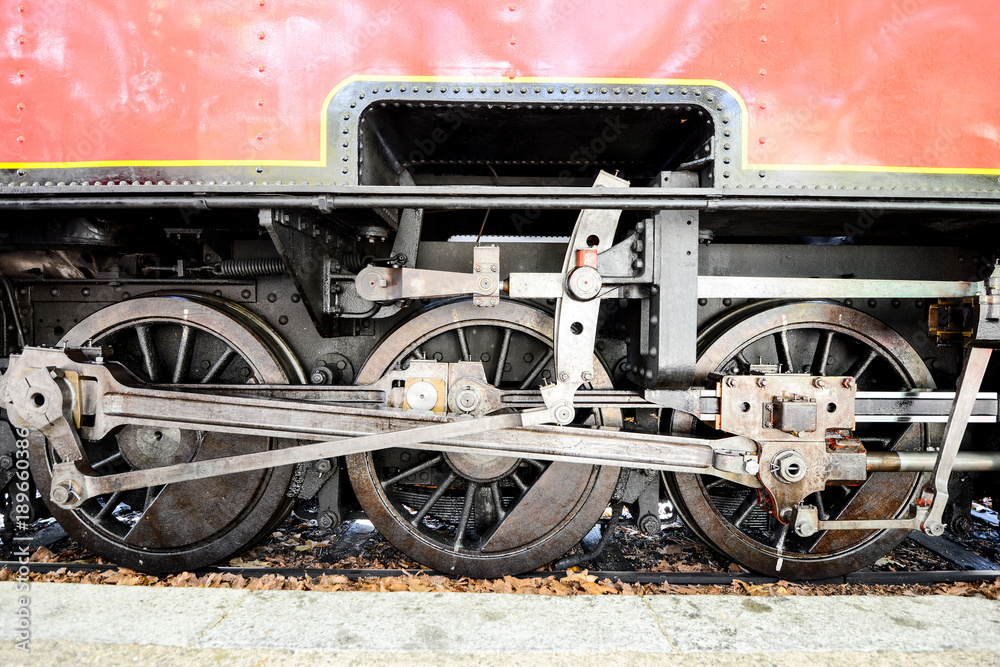 details of steel mechanism, wheels and piston of old steam train ...