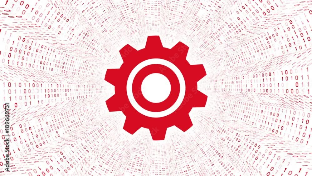 Red gear icon form red binary tunnel on white background. Digital technology concept. Seamless ...