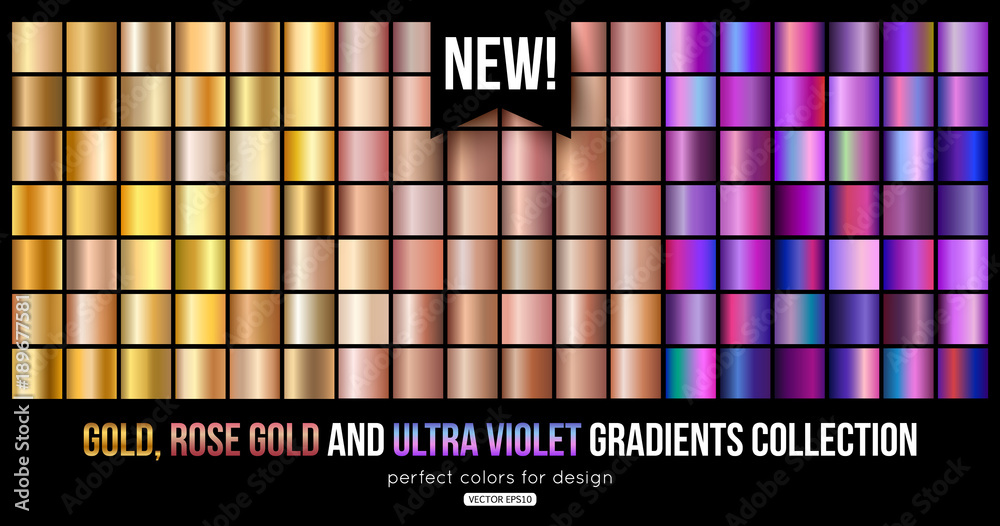Trend ultra violet, gold, bronze metal gradients collection. Vector ...
