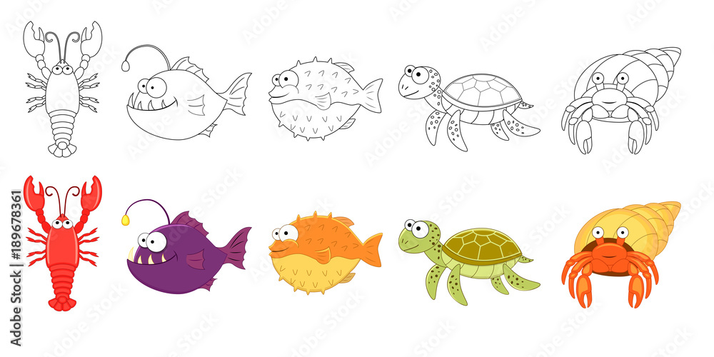 Cartoon sea animals set. Coloring book pages for kids. Lobster ...