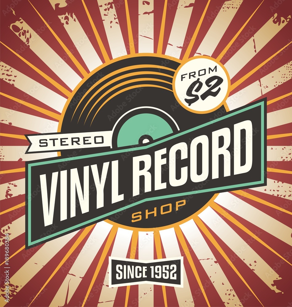 Vinyl record shop retro sign design. Stock Vector | Adobe Stock