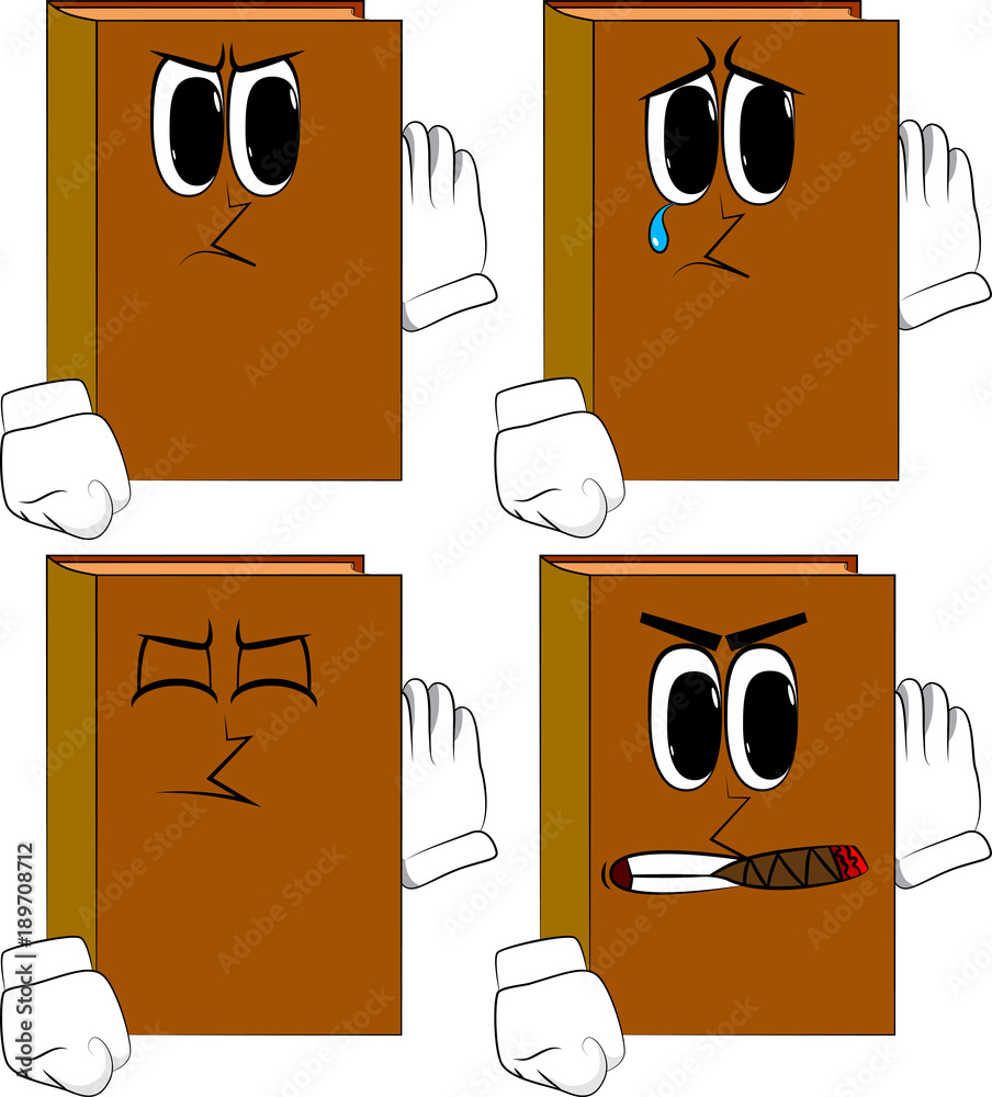 Books holds hand at his ear, listening. Cartoon book collection with ...